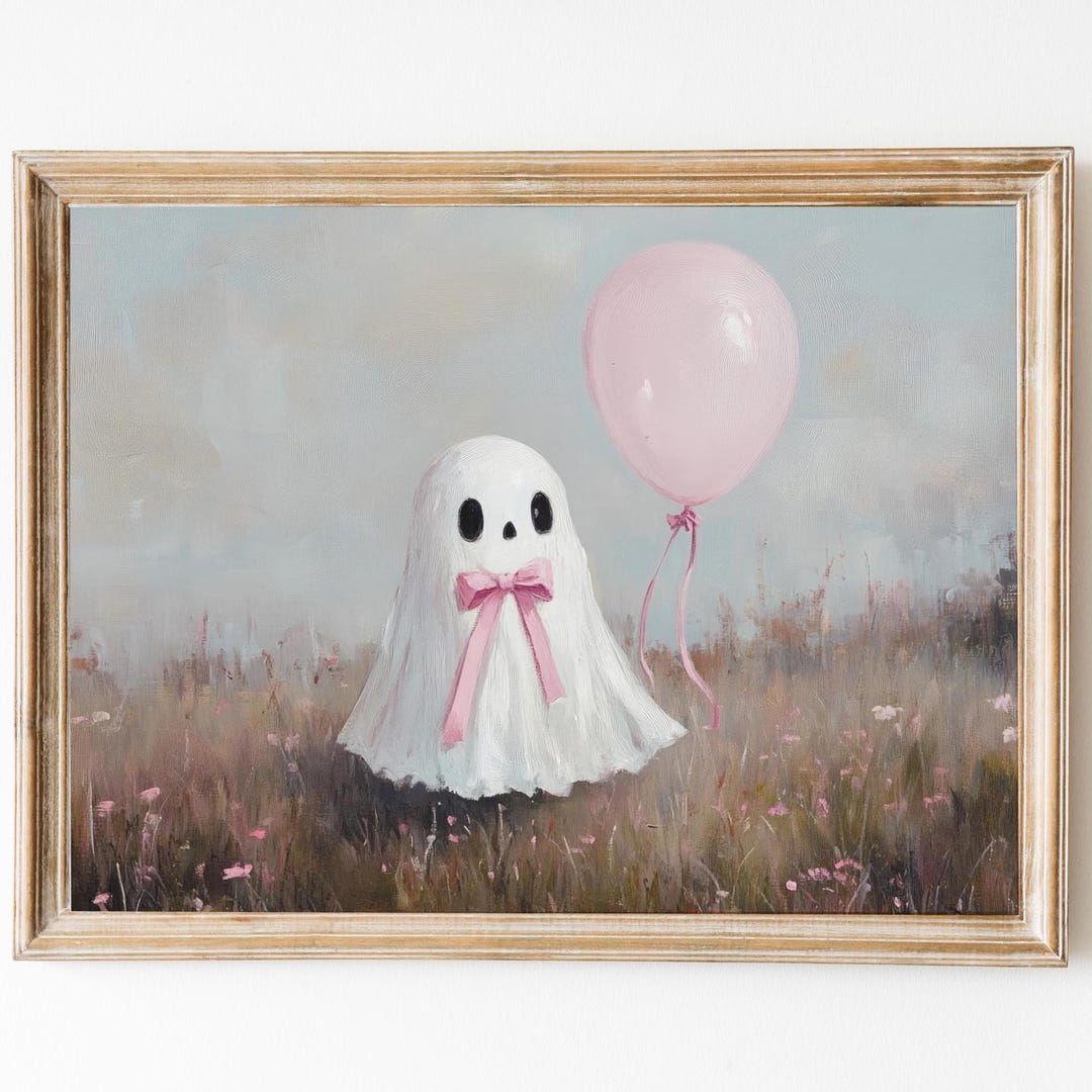 Coquette Cute Ghost With Pink Balloon Print, Pastel Halloween Decor ...