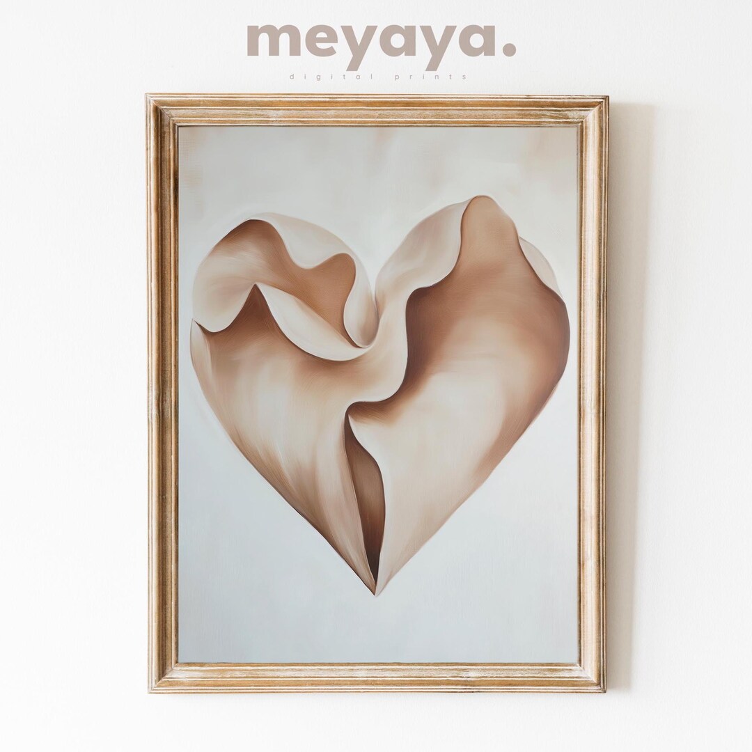 Neutral Beige Heart Print, Vintage Valentines Painting, Romantic Decor ...