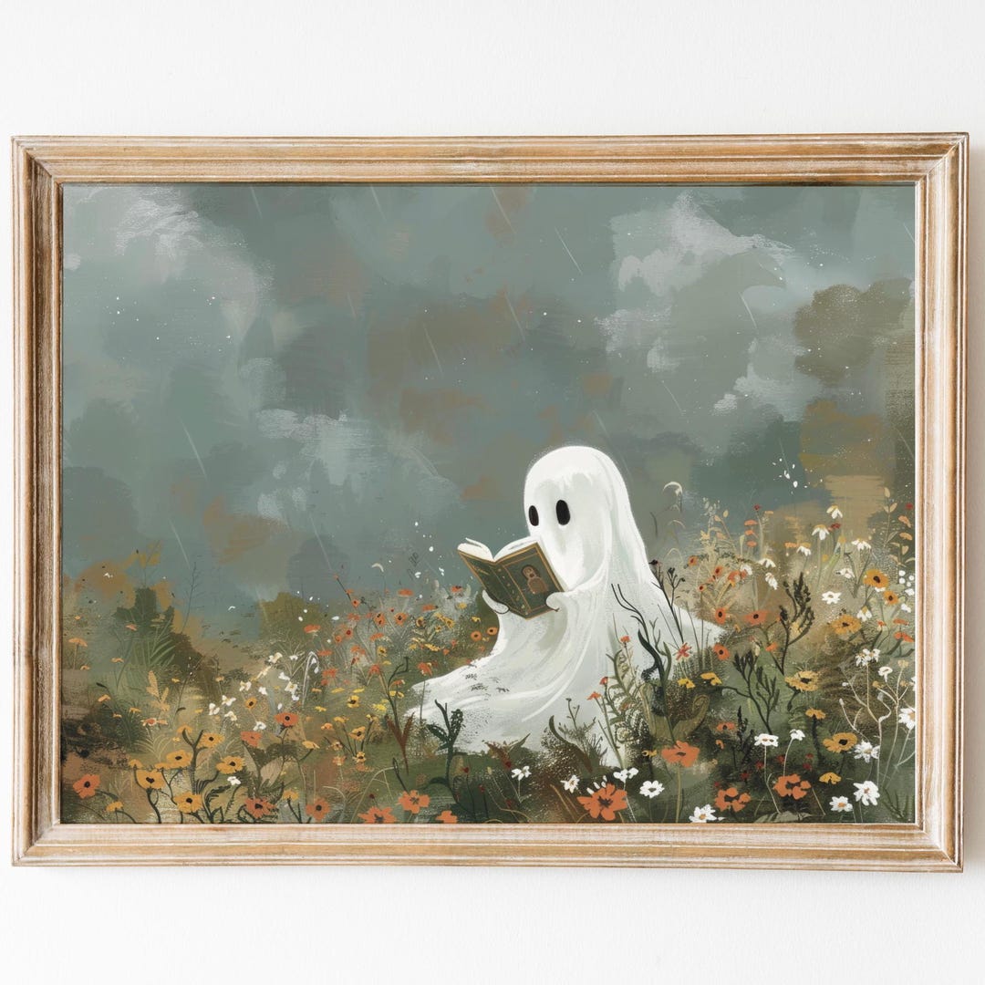 Halloween Cute Ghost Reading in Flower Field, Spooky Ghost Print ...