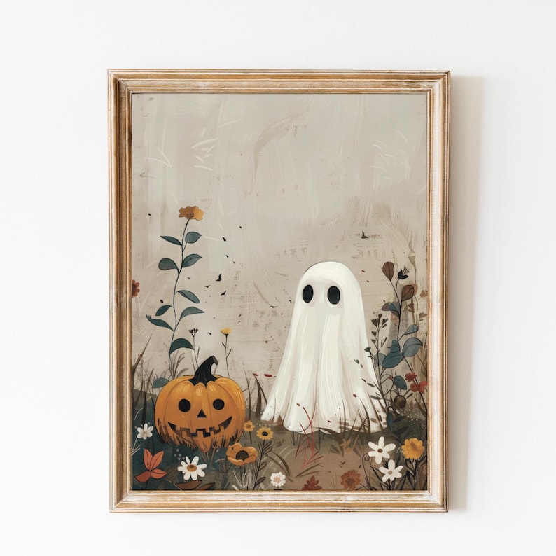 Cute Ghost With Halloween Pumpkin Print, Watercolor Halloween Printable ...