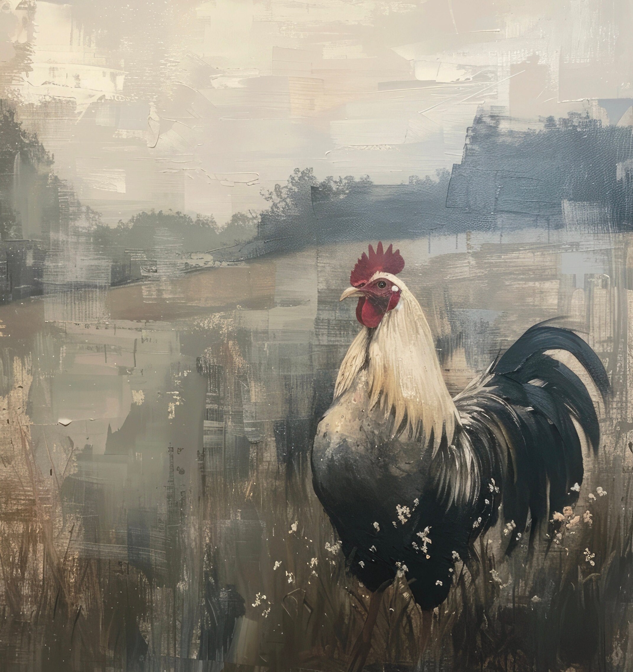 Vintage Rooster Painting, Rooster Print, Farm Animal Print, Rustic ...