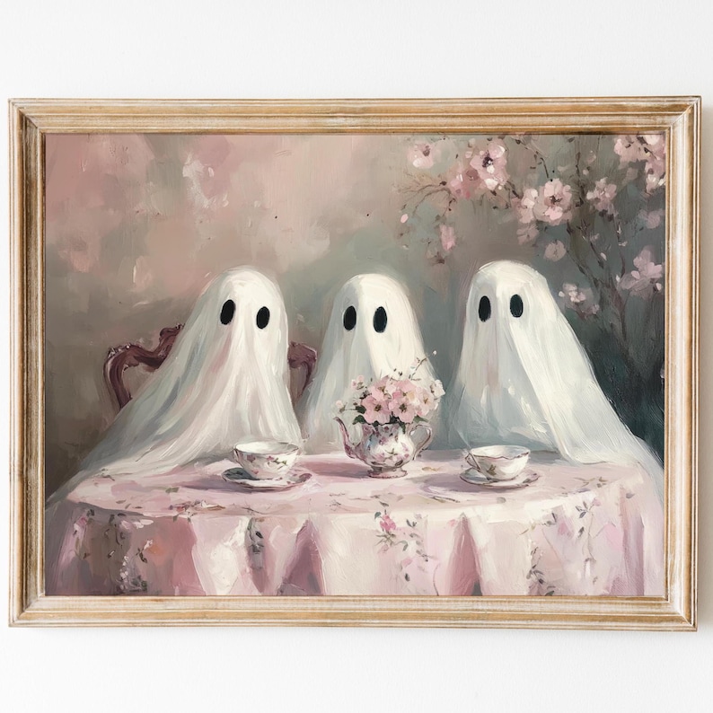 Vintage Ghost Tea Party Print, Pink Halloween Decor, Coquette Halloween ...