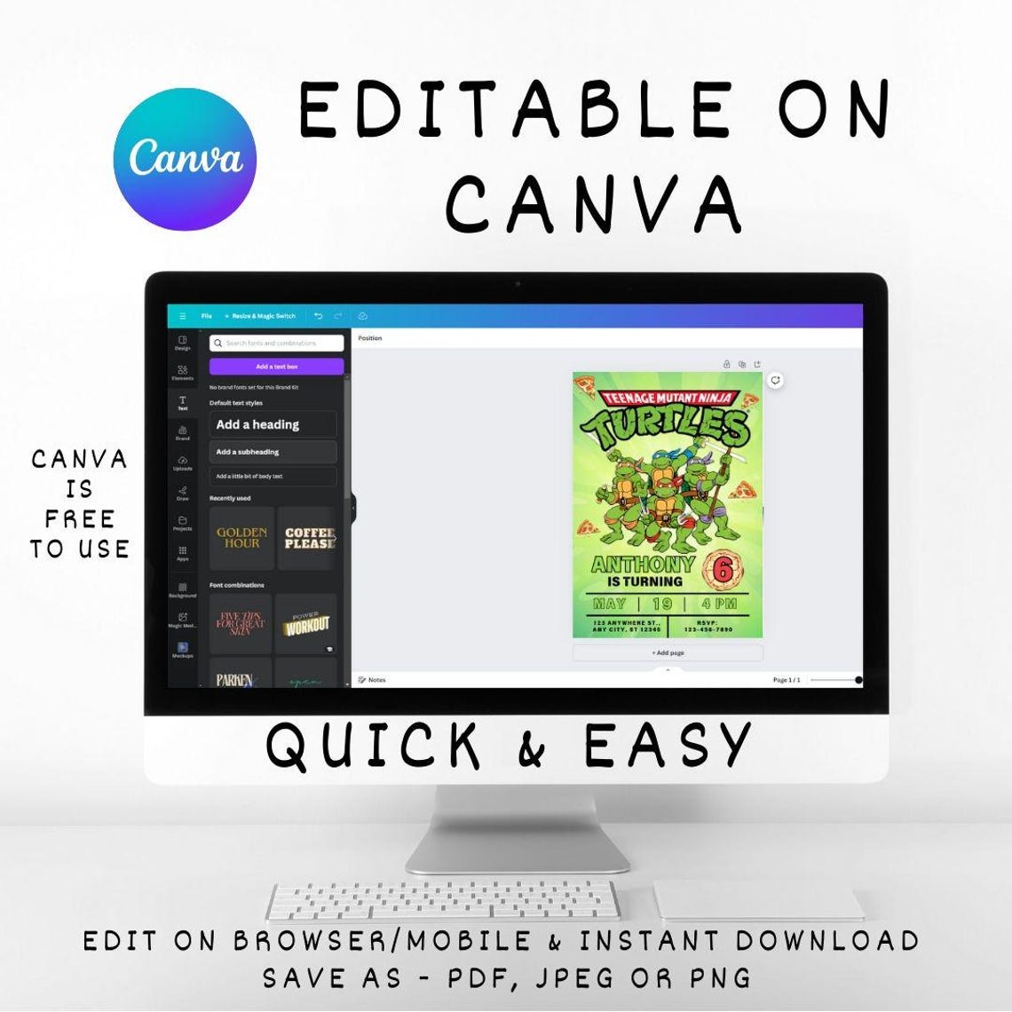 Editable Ninja Turtle Birthday Invitation Kids Birthday Gift Digital ...