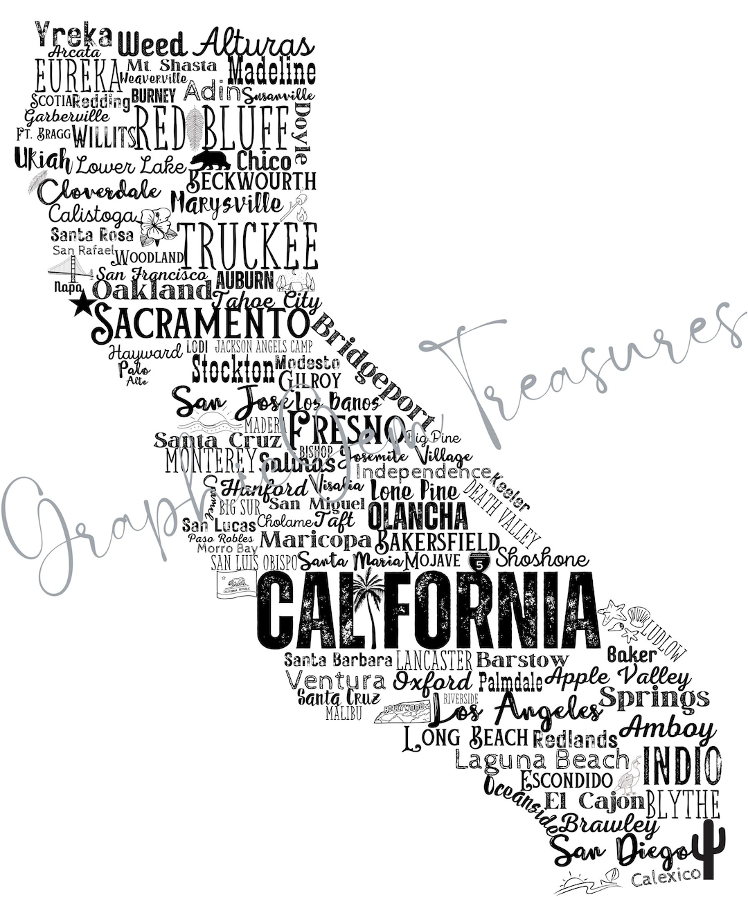 California Cities Map, PNG, SVG Cut File (digital Download) - Etsy