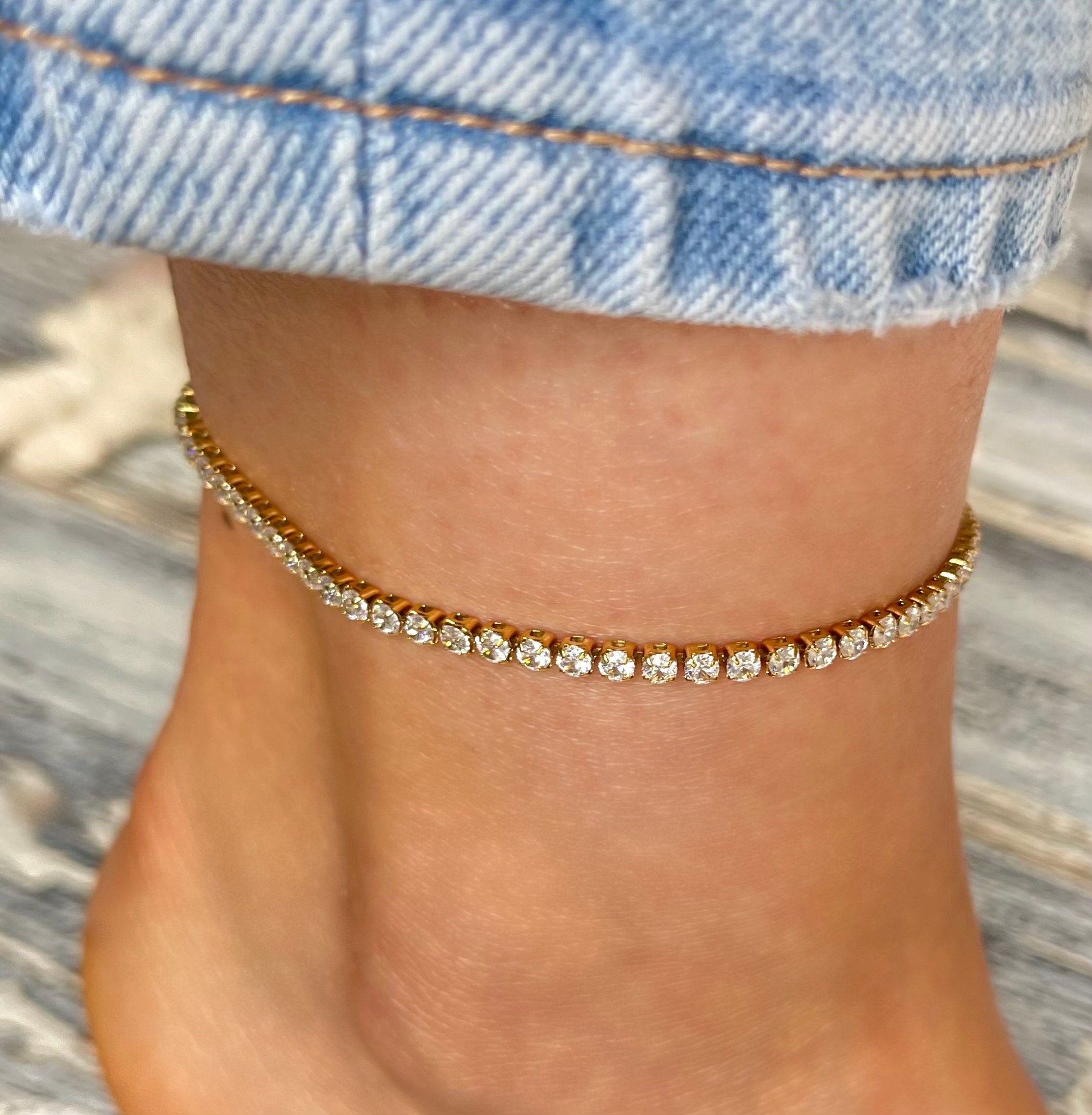 AdorahJewels 18K Gold Plated Tennis Anklet with Shiny Circonia Stones Adjustable Length None Tarnish Waterproof Perfect Gift for Her