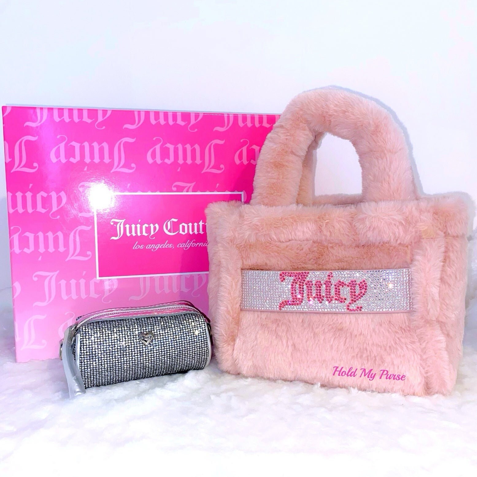 Juicy Couture Bag Faux Fur Plush Purse Blush Pink Mini Tote Bag & Coin ...