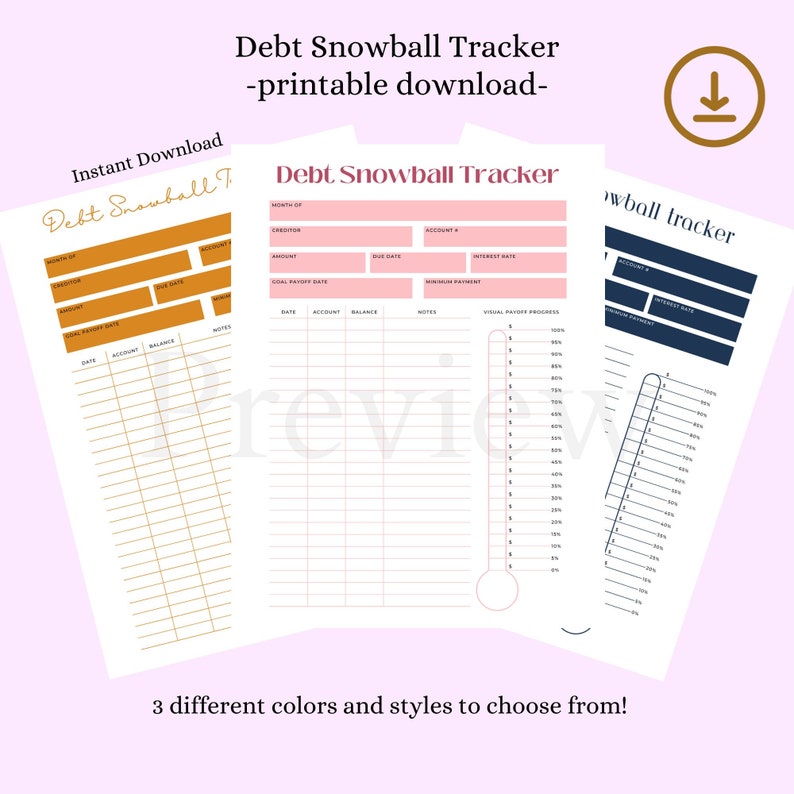 Debt Snowball Tracker Printable - 3 Colors & Styles - Instant Download ...