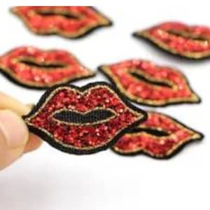 Red Lips Patch, Red Glitter Sequin Patch, Lips Kiss Patch, DIY Patch With Gold Glitter Trim ...