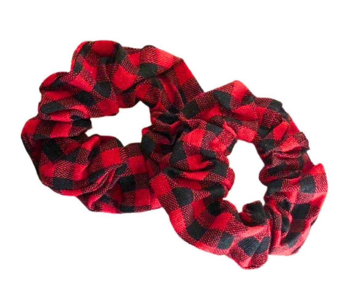 Red Plaid Scrunchie, Red and Black Checkered Scrunchie, Winter ...