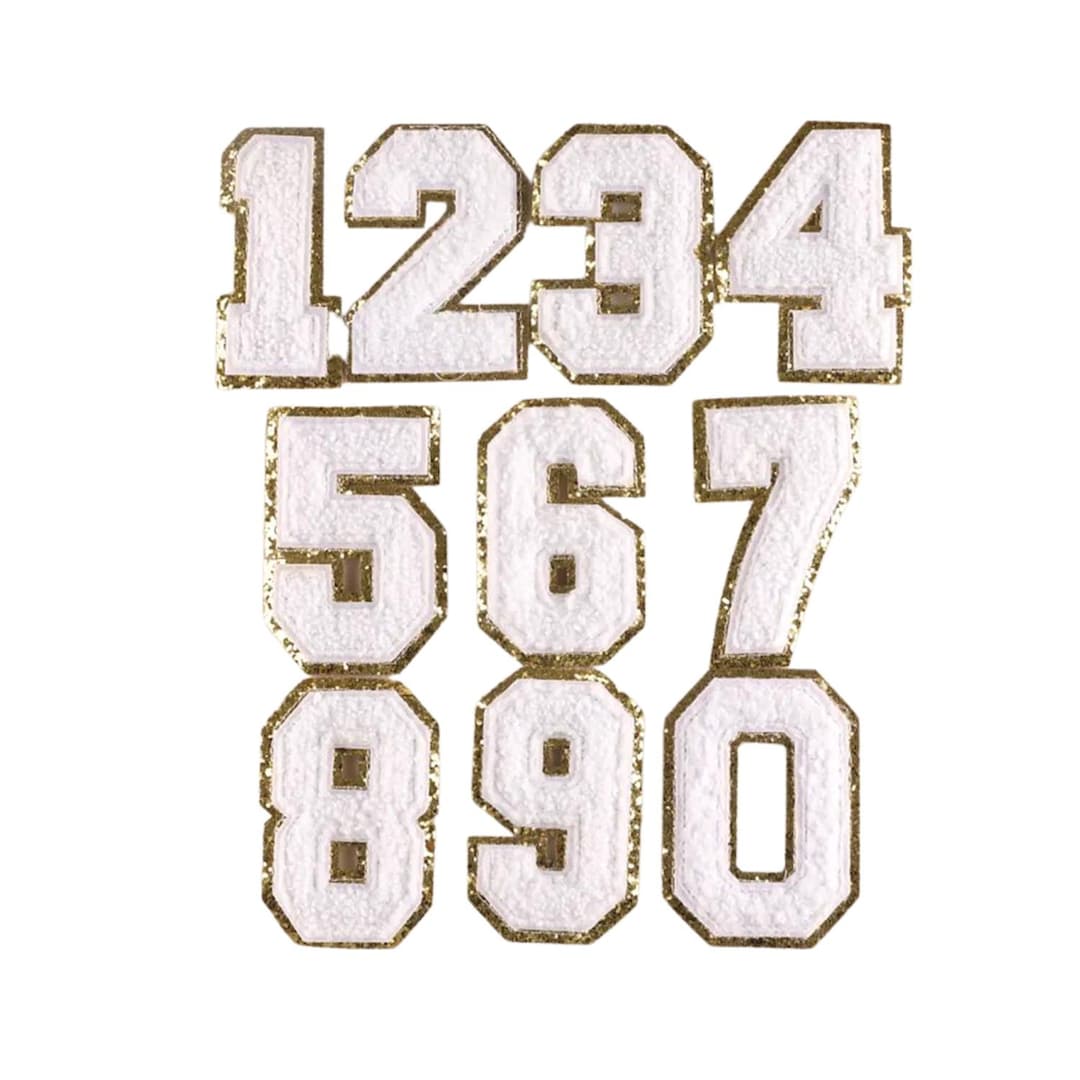 White Chenille Numbers With Gold Glitter, Embroidery Numbers Varsity ...
