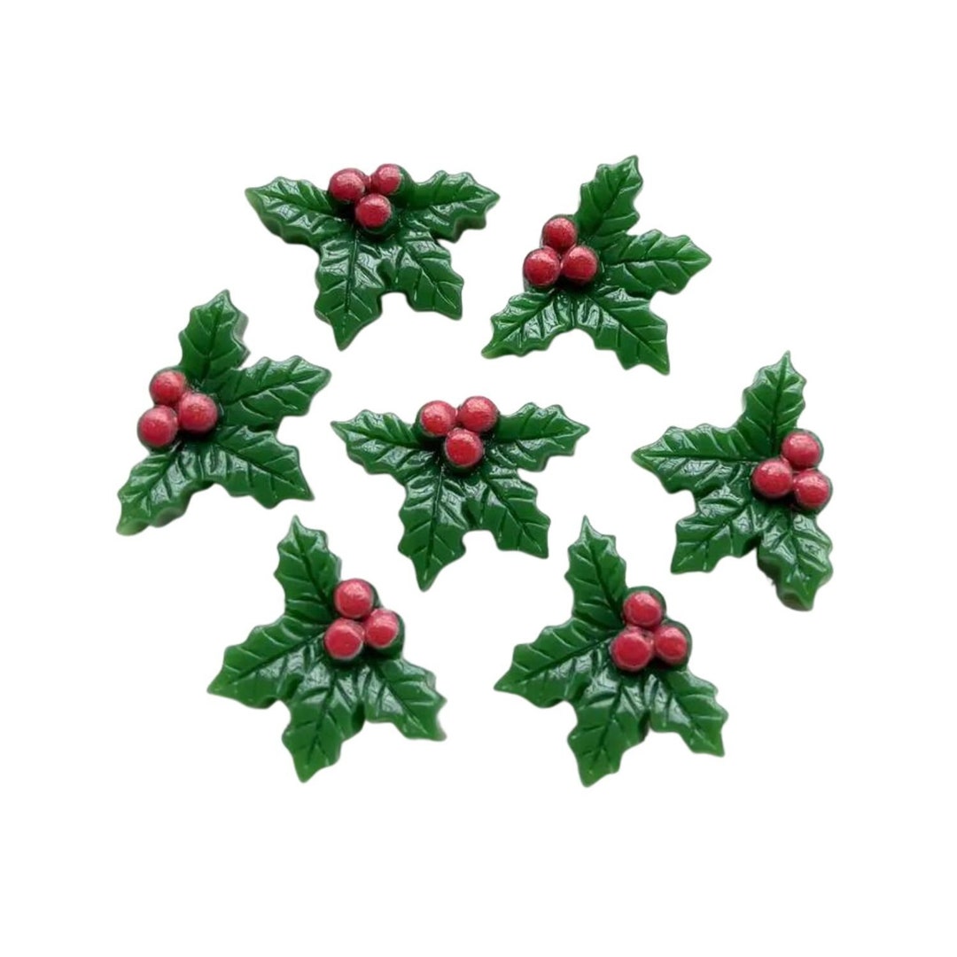 Christmas Holly Cabochon, Green Red Resin Holly Leaves, Flat backed ...