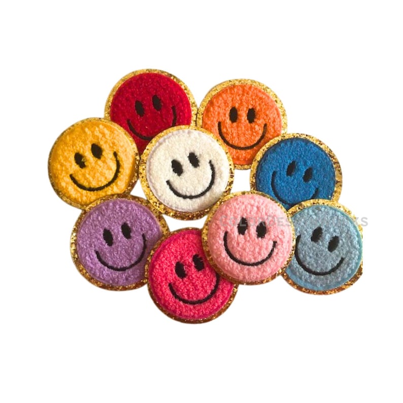 Smile Face Patch, Chenille Smile Face DIY Patch With Gold Glitter Trim ...