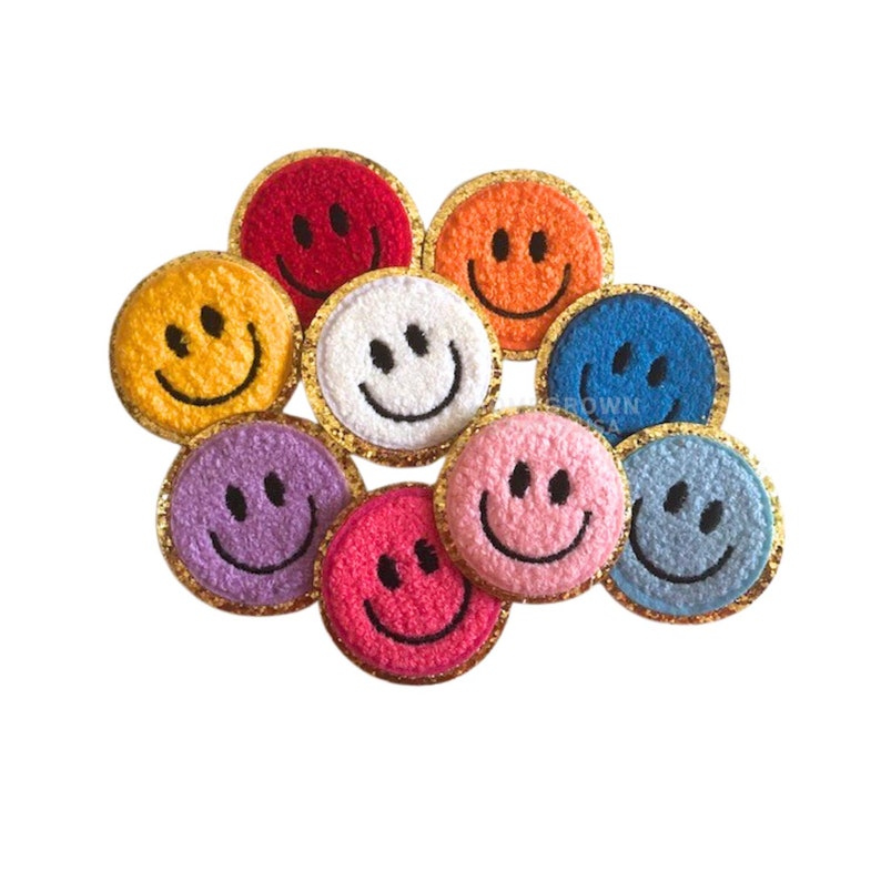 Smile Face Patch, Chenille Smile Face DIY Patch With Gold Glitter Trim ...