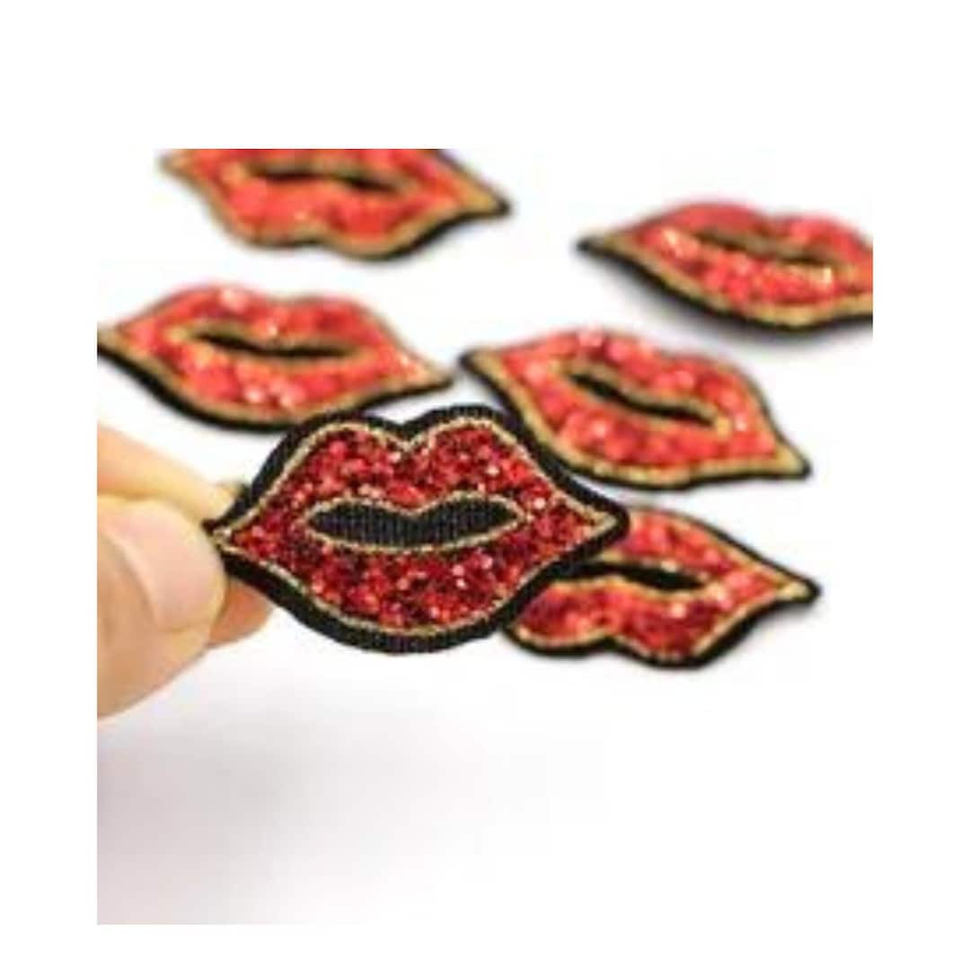 Red Lips Patch, Red Glitter Sequin Patch, Lips Kiss Patch, DIY Patch With Gold Glitter Trim ...
