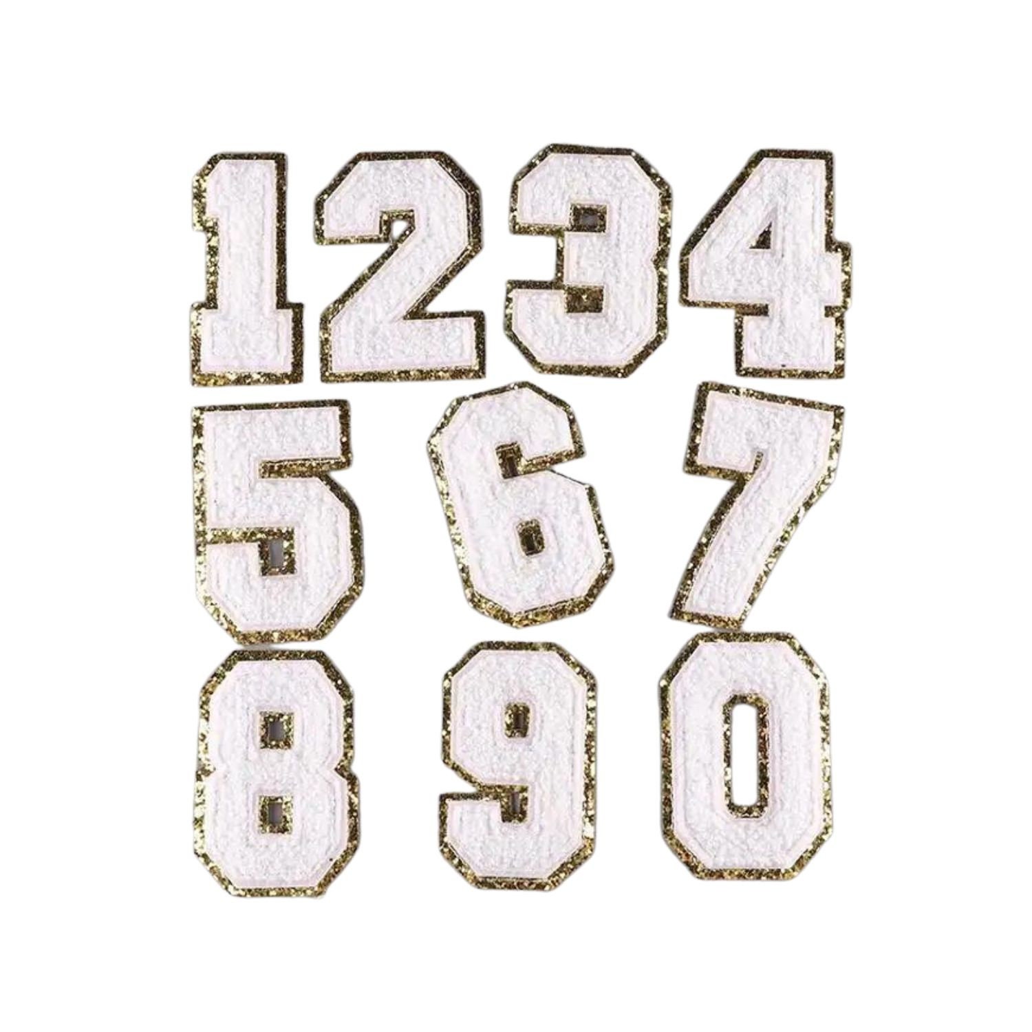 White Chenille Numbers With Gold Glitter, Embroidery Numbers Varsity ...