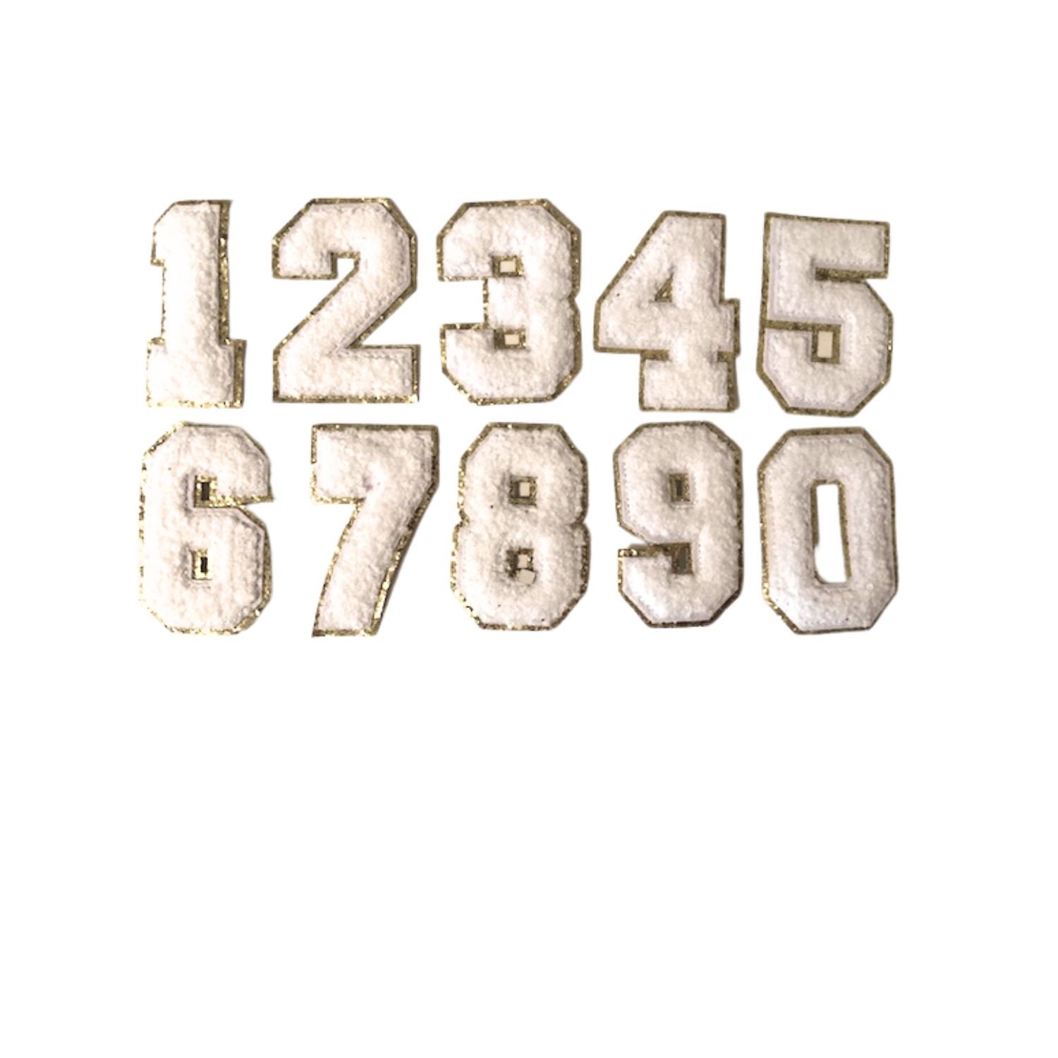 White Chenille Numbers With Gold Glitter, Embroidery Numbers Varsity ...