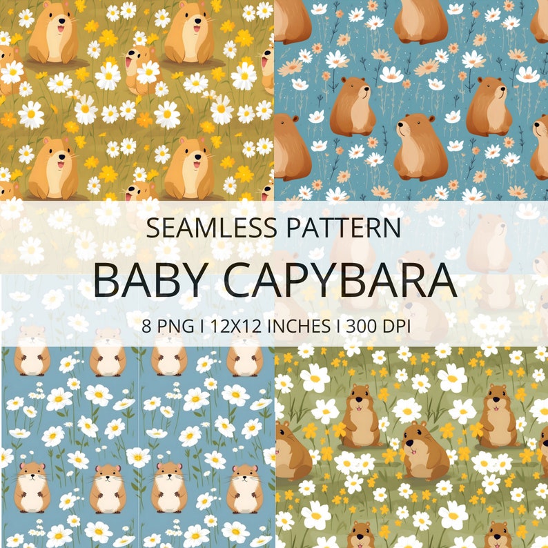 Baby Capybara Digital Paper, Seamless Floral Pattern, Printable ...