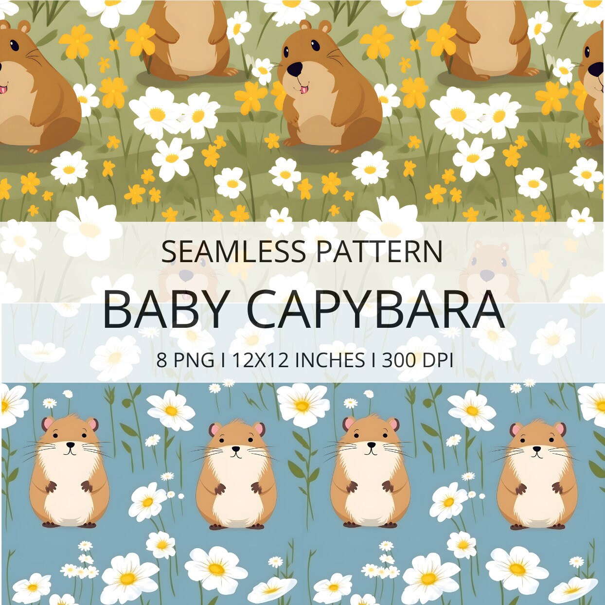 Baby Capybara Digital Paper, Seamless Floral Pattern, Printable ...