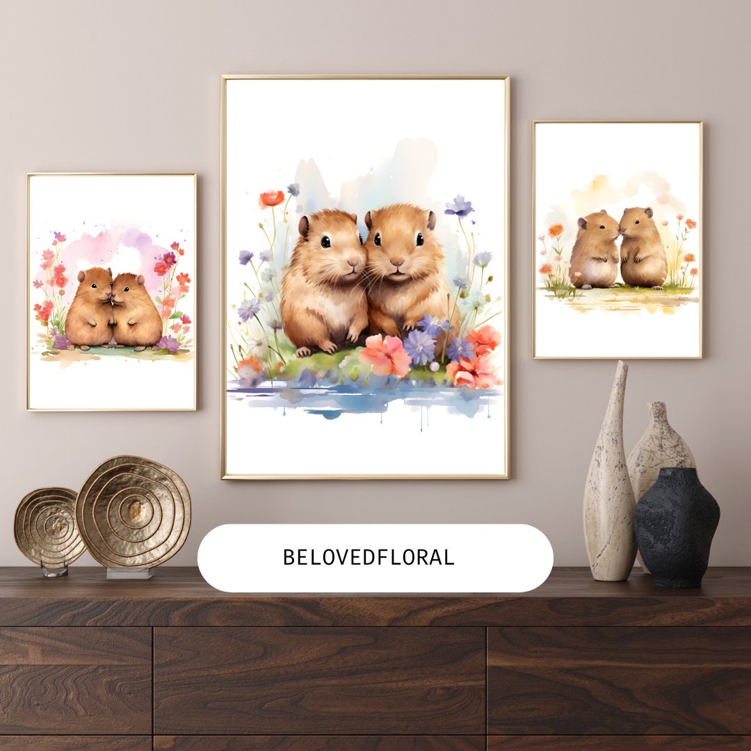 Set of 3 Couple Capybara in Garden, Capybara Nursery Wall Art, Baby ...