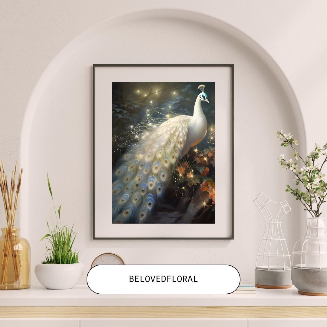 Vintage White Peacock Wall Art White Peacock With Christmas Etsy