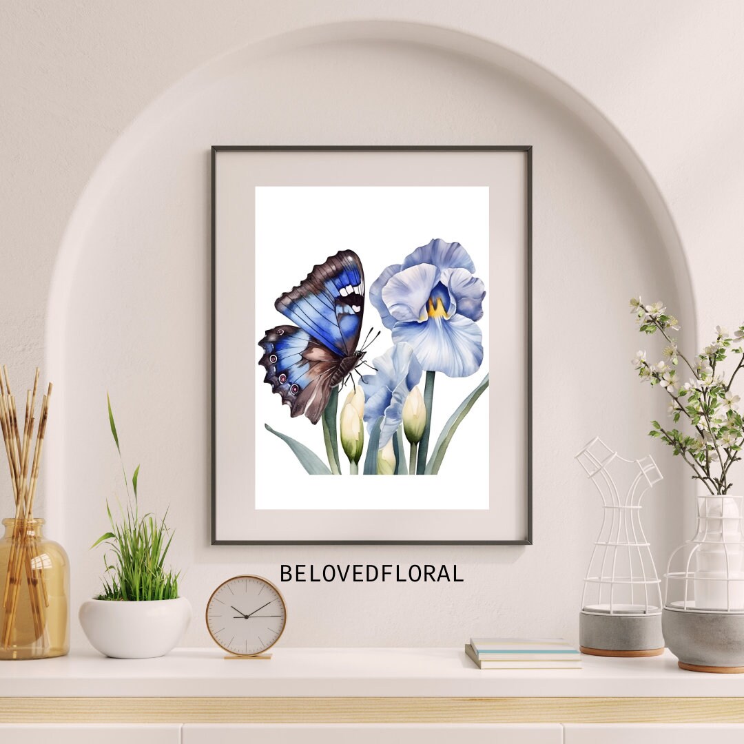 Blue Morpho on Iris Flower Printing, Floral Wall Art, Wall Decor ...