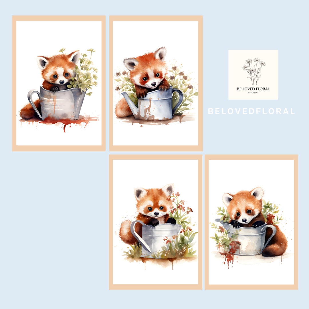 Set of 4 Baby Red Panda Print, Animal Digital Print, Watercolor Shiba ...