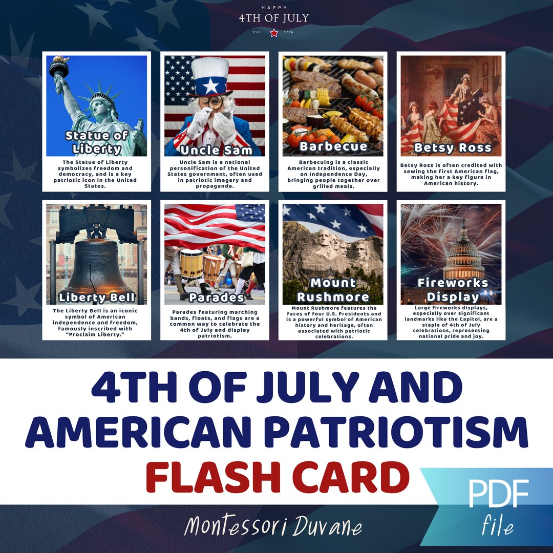 4th of July and American Patriotism Flash Cards, Printable Independent ...