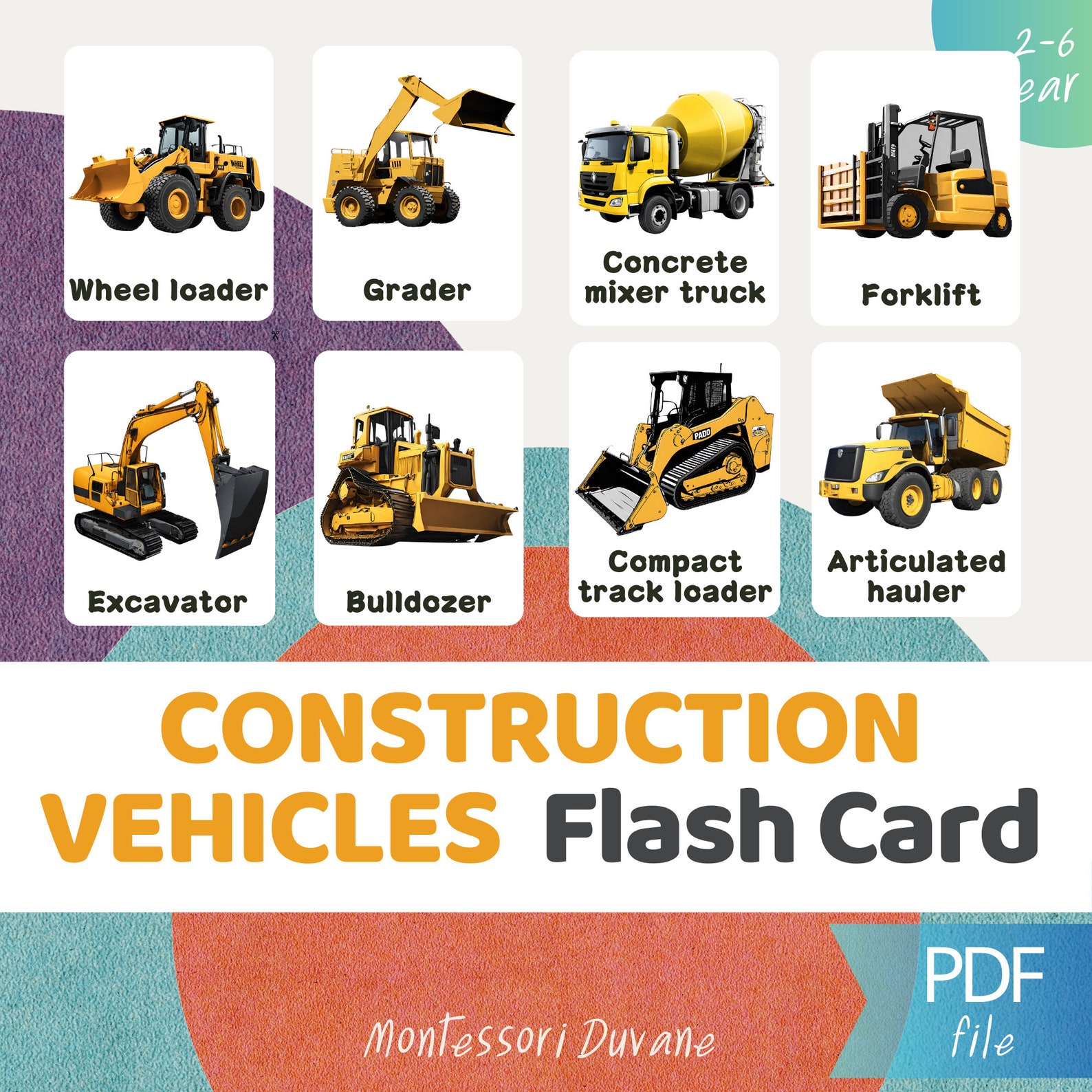 CONSTRUCTION VEHICLES, Printable Flash Cards,montessori Inspired ...
