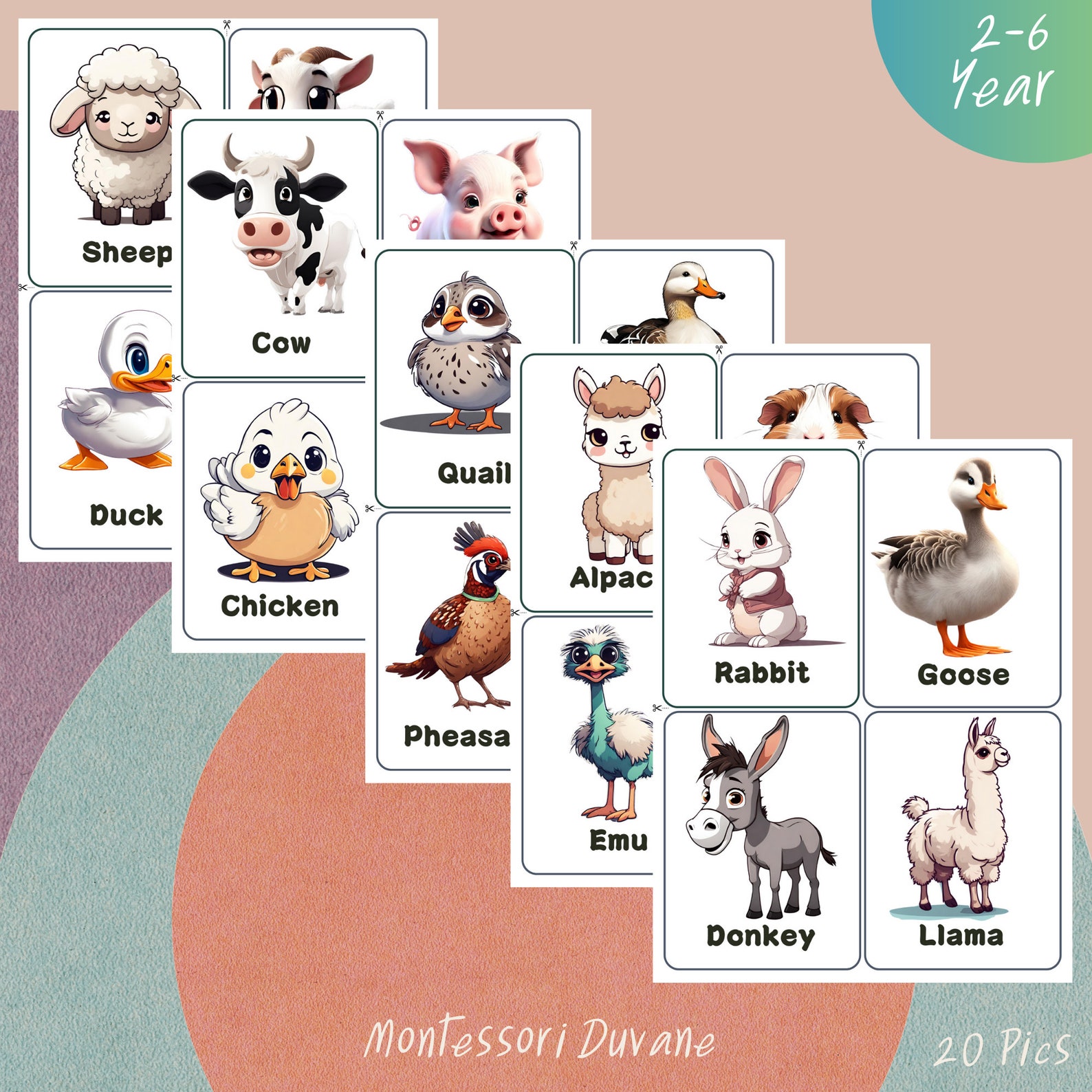 Farm Animals Cards, Montessori Flash Cards, Pre-school Cards, Printable ...