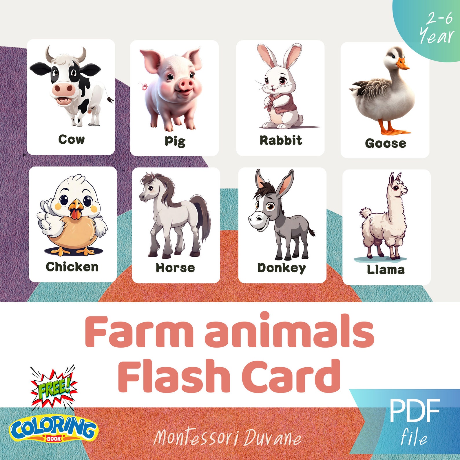 Farm Animals Cards, Montessori Flash Cards, Pre-school Cards, Printable ...