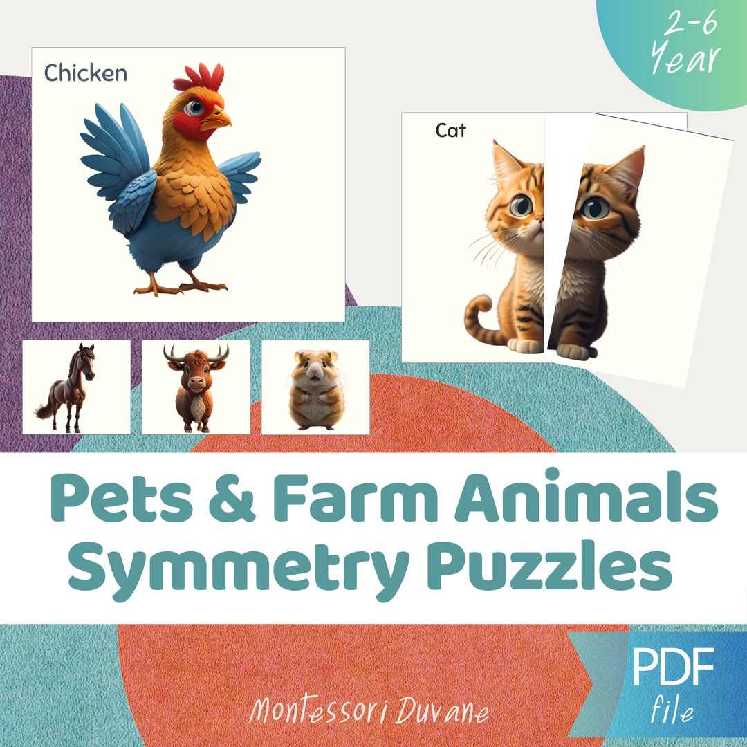 Pets & Farm Animals Symmetry Puzzles • Montessori Cards • Matching ...