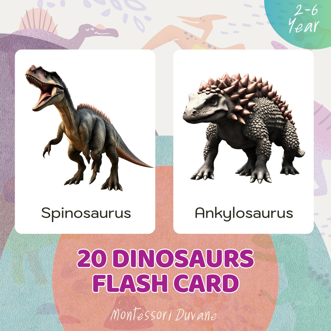 20 Dinosaurs Flash Cards, Montessori Flash Cards, Pre-school Cards ...
