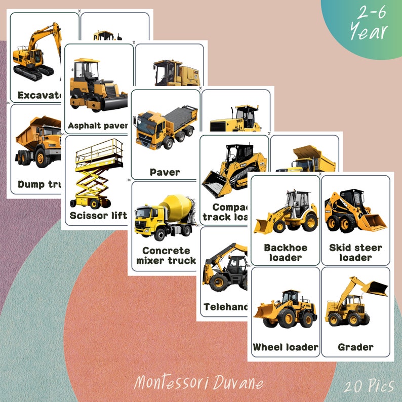 CONSTRUCTION VEHICLES, Printable Flash Cards,montessori Inspired ...