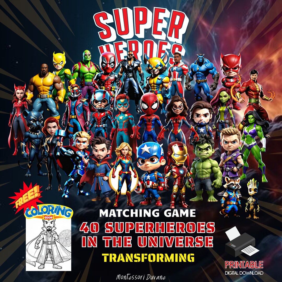 40 Superhero Matching Card , Montessori Flash Cards, Pre-school Cards ...