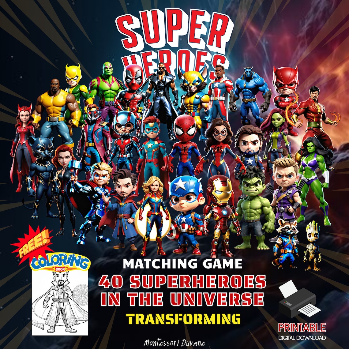 40 Superhero Matching Card , Montessori Flash Cards, Pre-school Cards ...