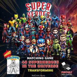 40 Superhero Matching Card , Montessori Flash Cards, Pre-school Cards ...