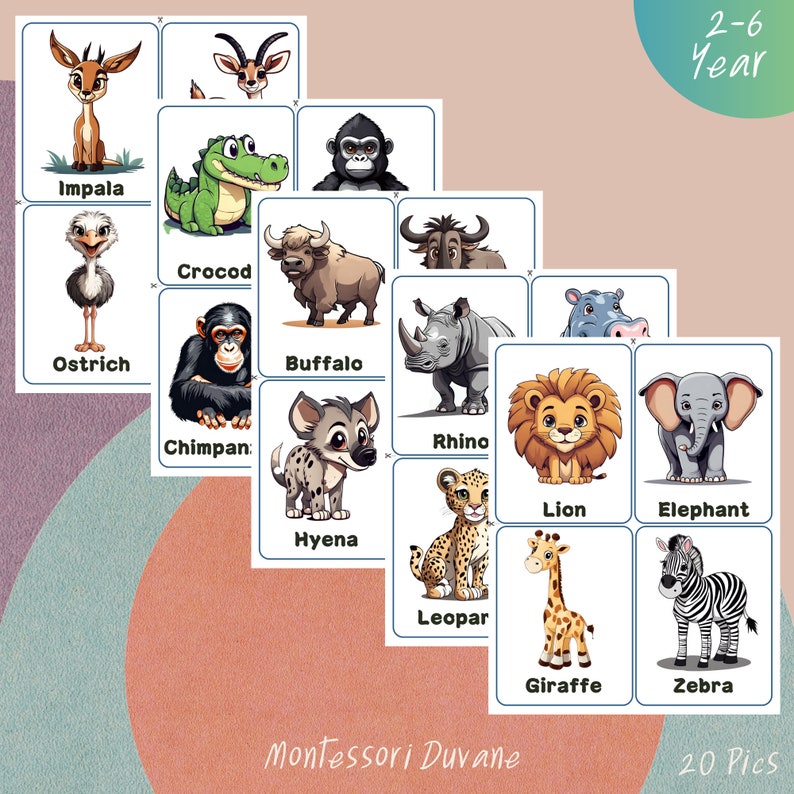 SAFARI ANIMALS Flash Cards, Montessori Flash Cards, Pre-school Cards ...