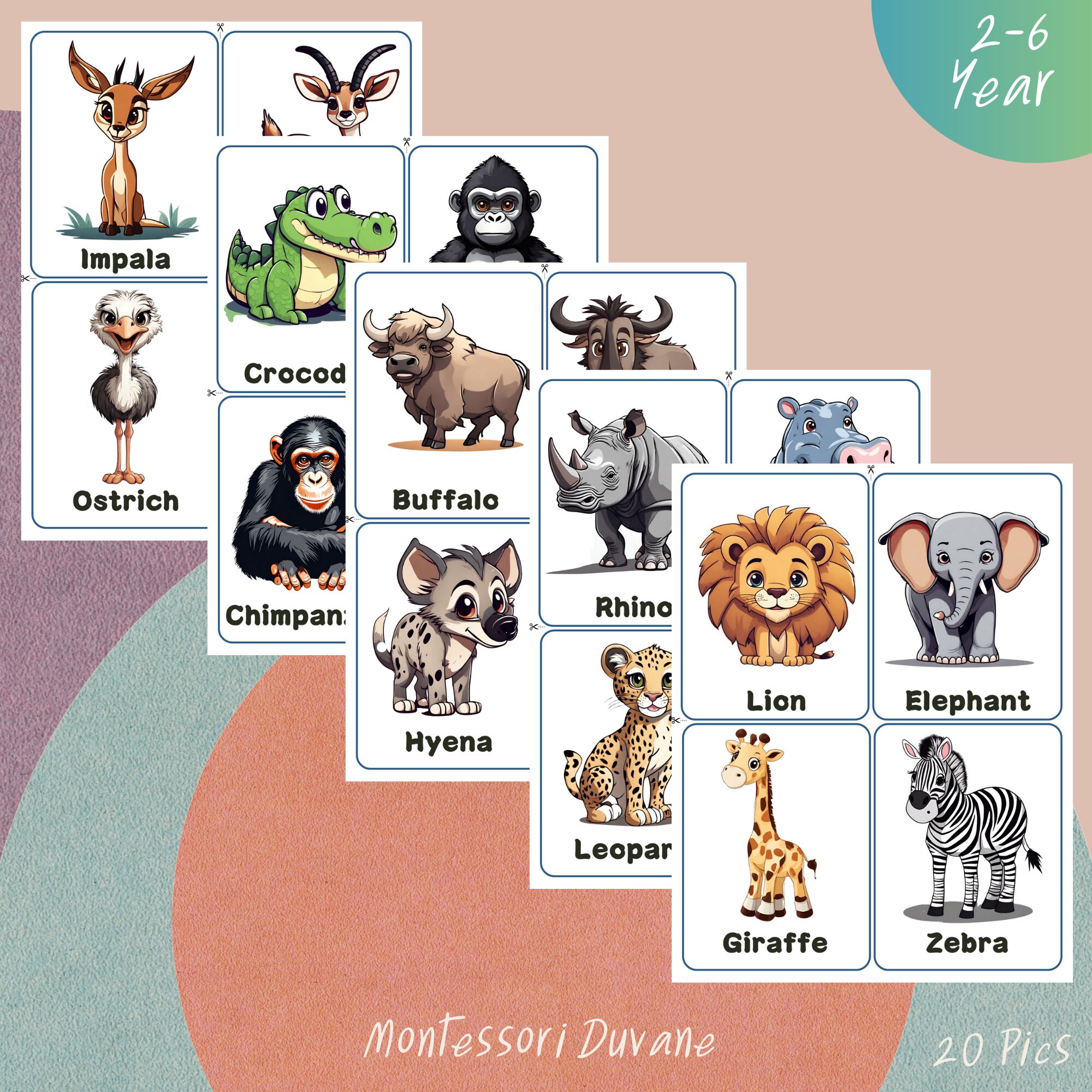 SAFARI ANIMALS Flash Cards, Montessori Flash Cards, Pre-school Cards ...