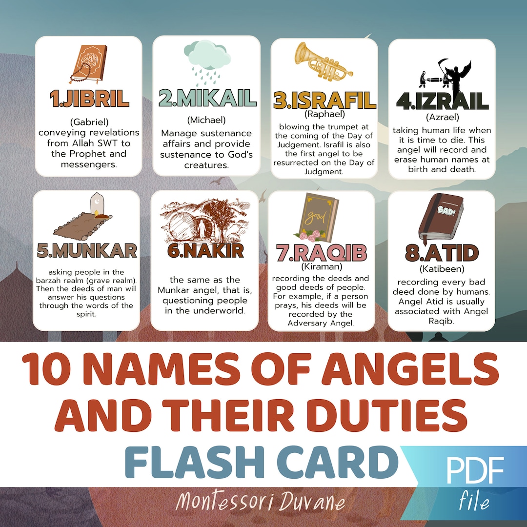 10 Names of Angels and Their Duties Flash Cards, Printable Angels of Islam, Angels Mentioned in ...