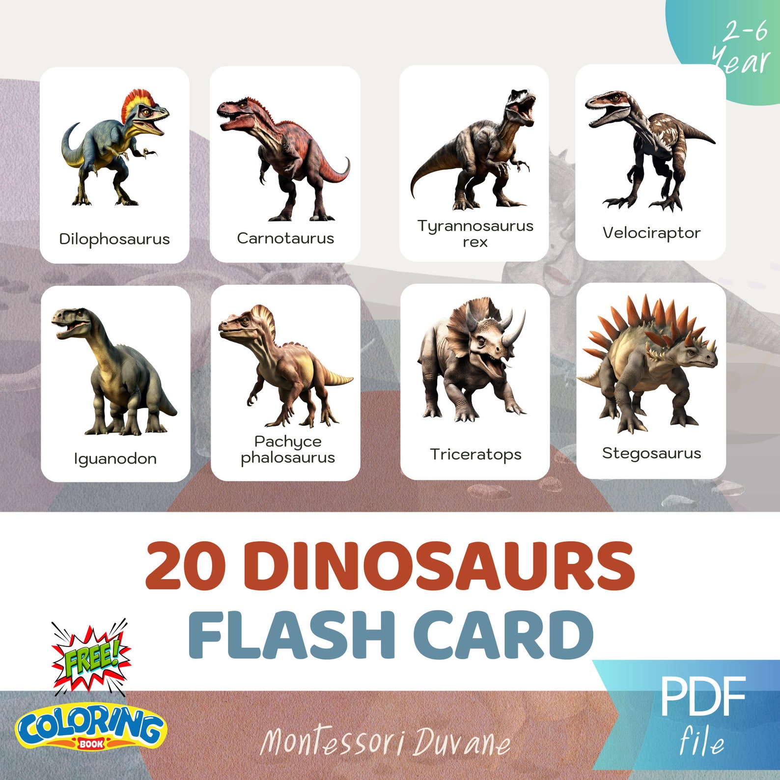 20 Dinosaurs Flash Cards, Montessori Flash Cards, Pre-school Cards ...