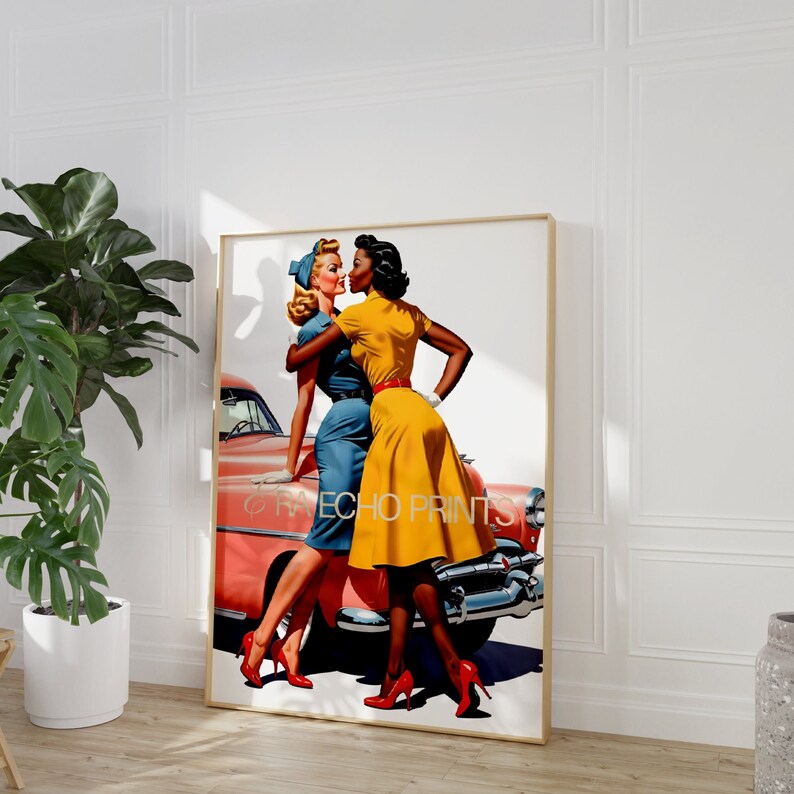 Vibrant 1950s Inspired Lesbian Art Print Celebrating Love With A