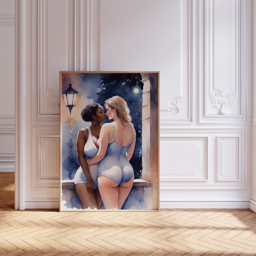 Summer Nights Kiss - Lesbian Art Print of Romantic Interracial Black White Queer Couple ...