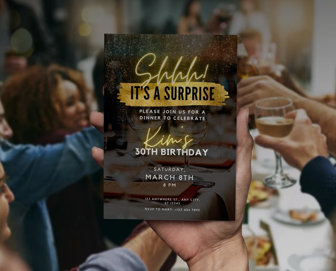 Editable Shhh Surprise Dinner Party Time Birthday Dinner Invitation ...