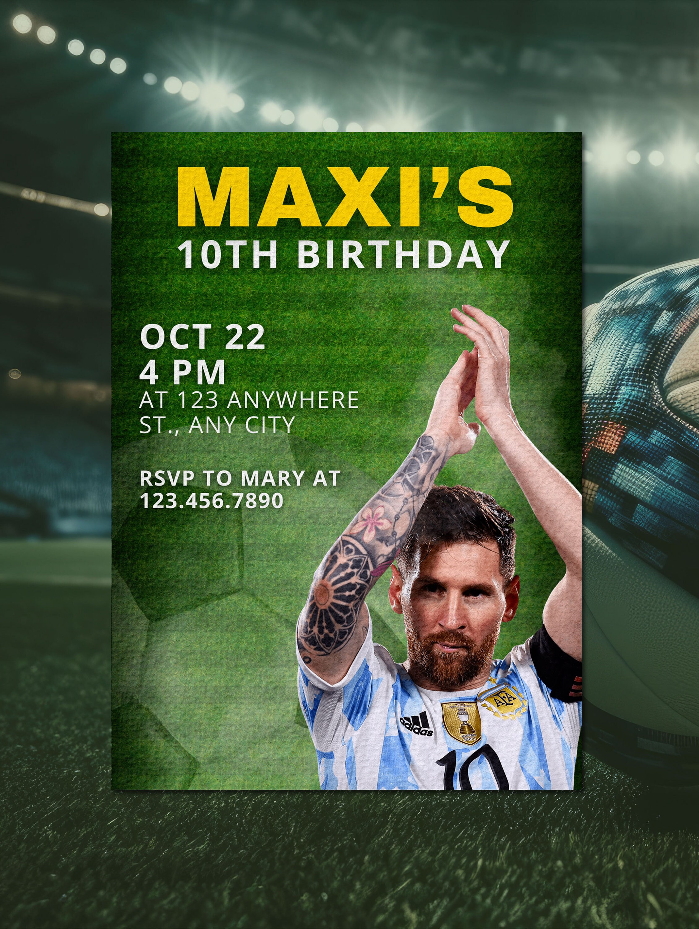 Printed Messi Birthday Invitation, Messi Invite, Argentina Soccer Theme ...