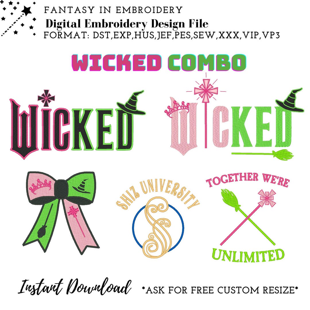 Wicked Machine Embroidery Design Files: Elphaba Glinda Defy Gravity ...