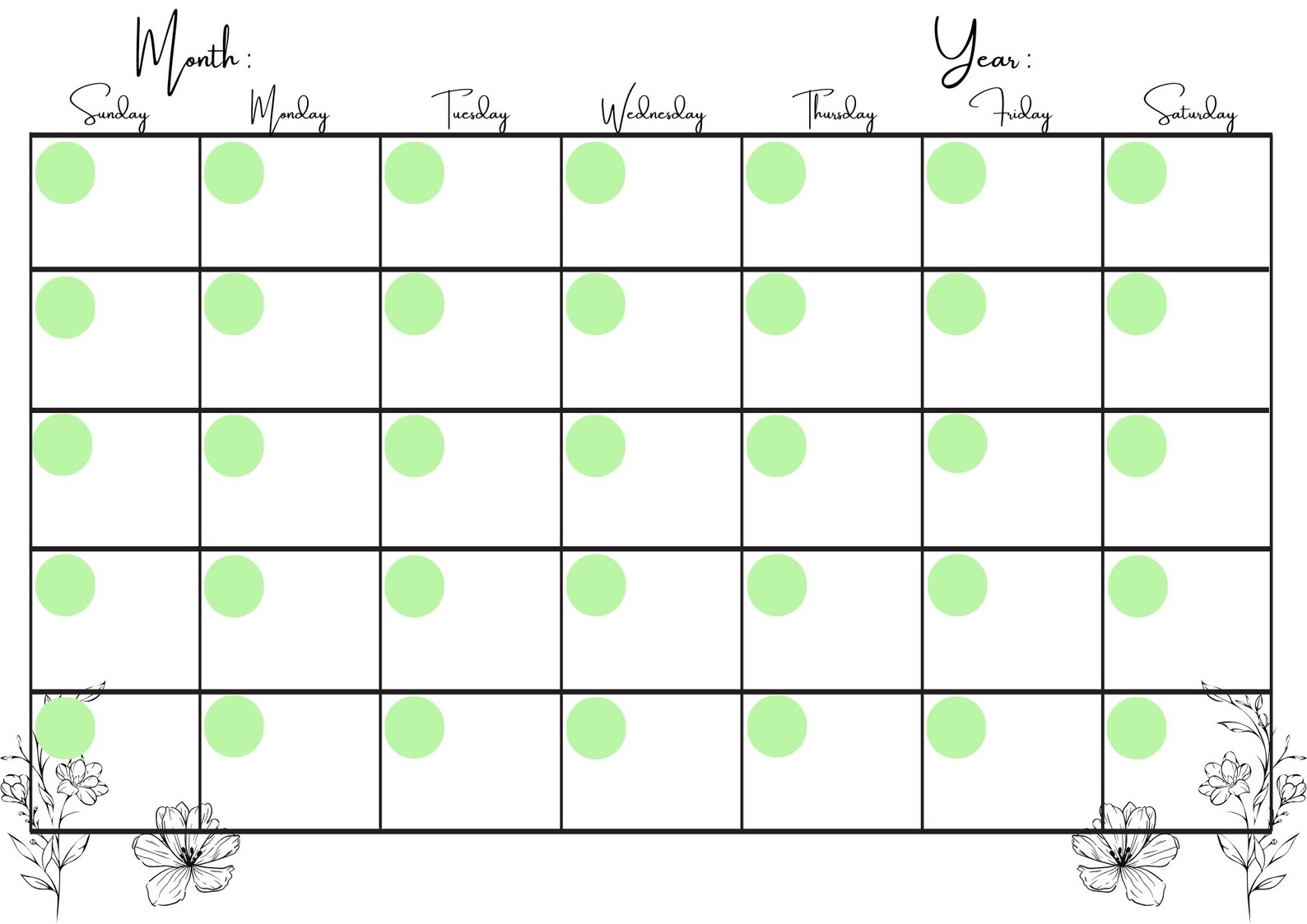 Flower Calendar Template in Green - Etsy