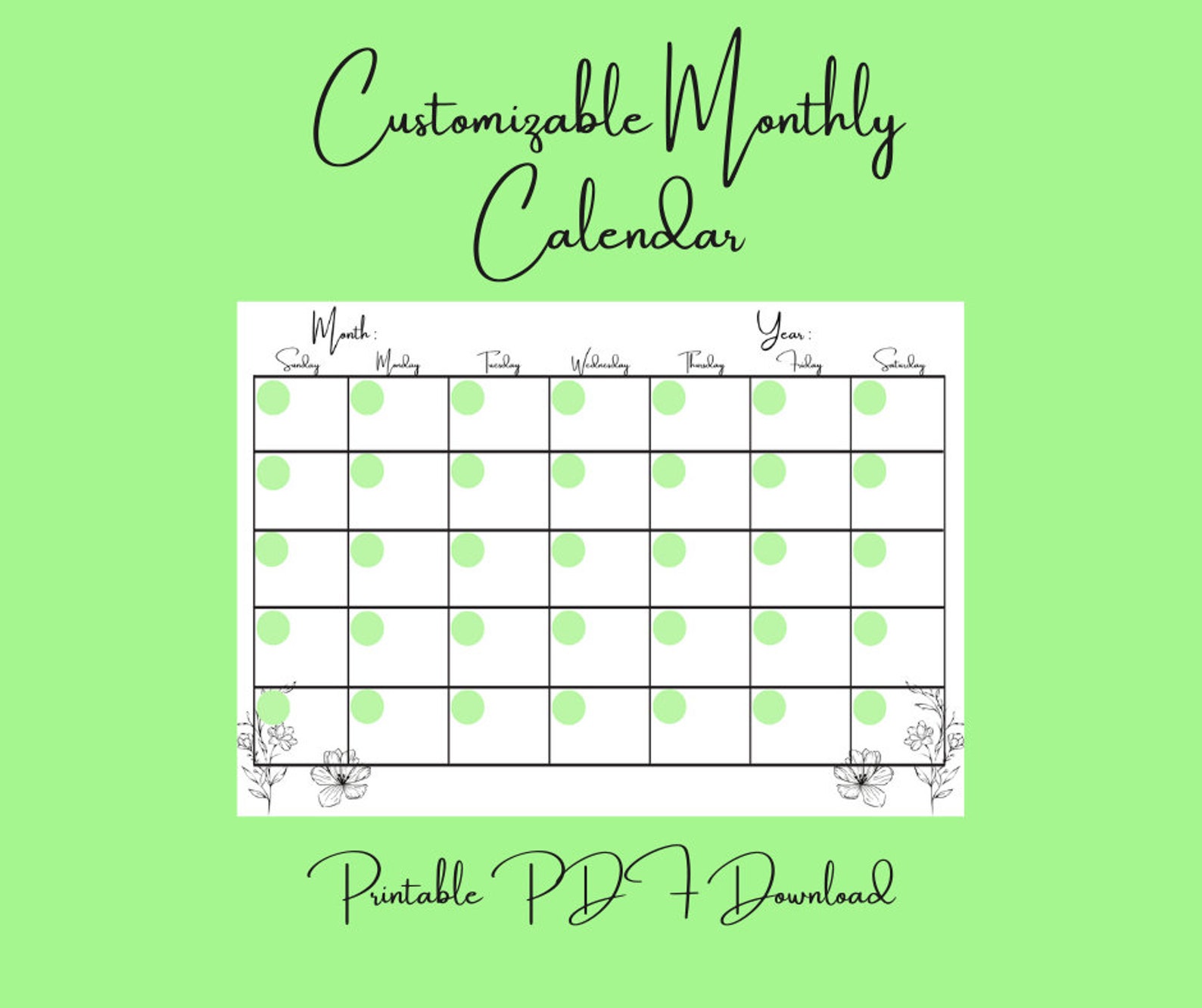 Flower Calendar Template in Green - Etsy