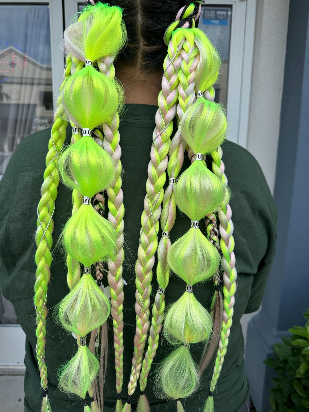 Light Pink Grey and Neon Green Braided Ponytail, Bubble Braids, Rave ...