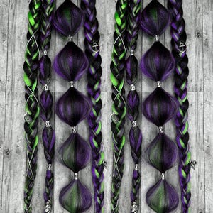 Black Purple Green Braided Ponytail, Bubble Braids, Rave Hair, Festival ...