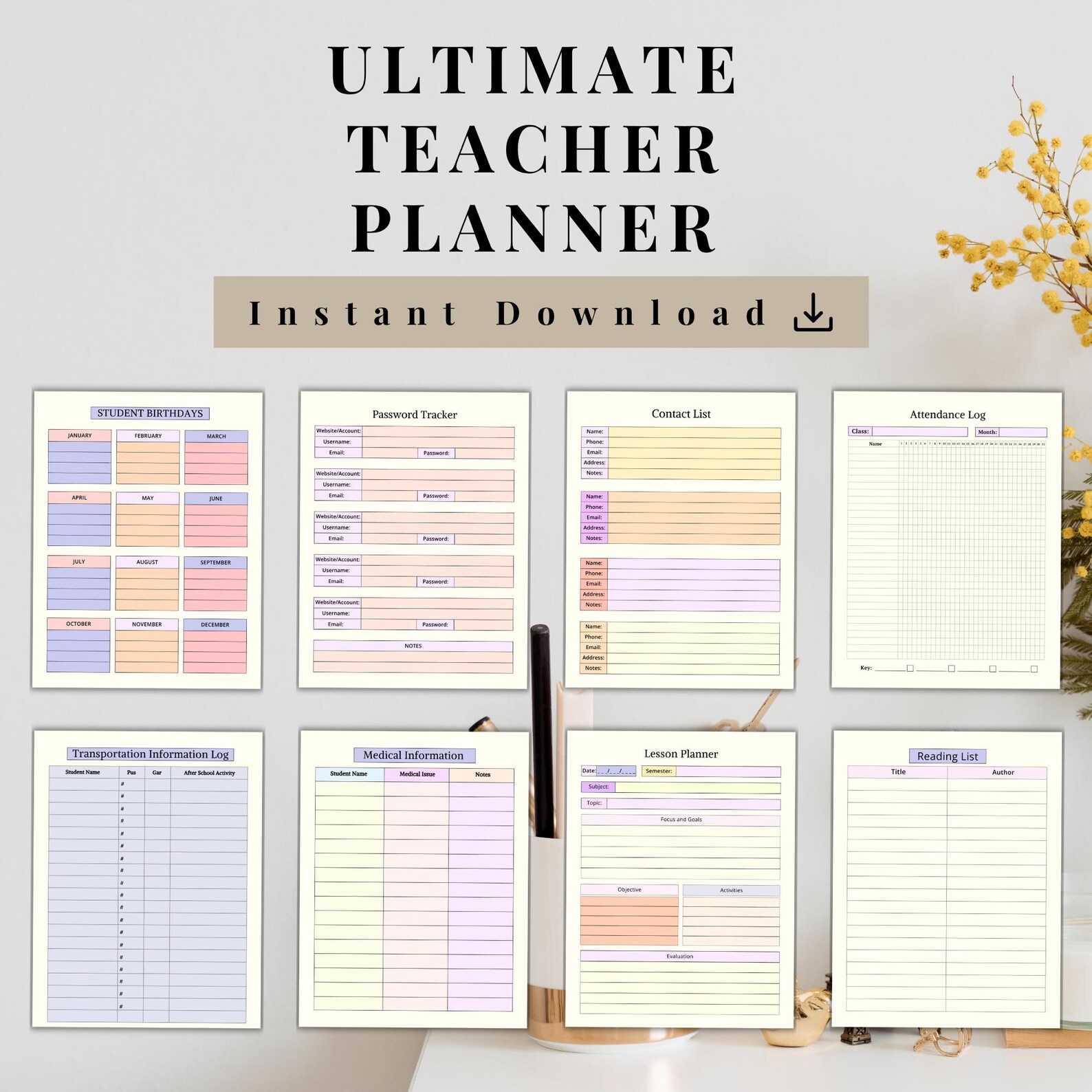 Ultimate Teacher Planner Printable PDF – Undated Lesson Plans, Class ...